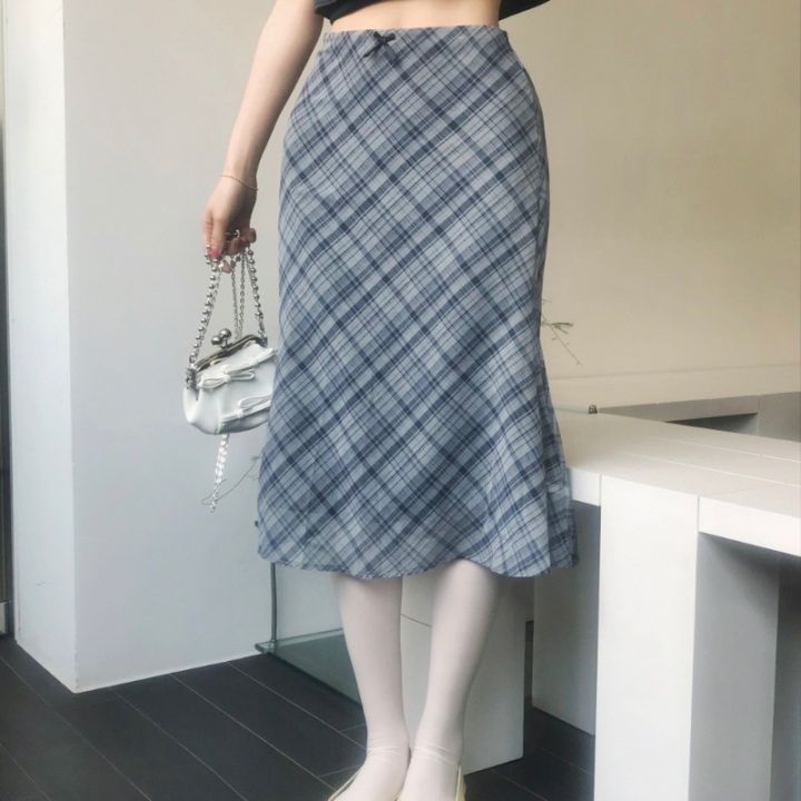 Retro college style plaid bow temperament high waisted chiffon A-line ...