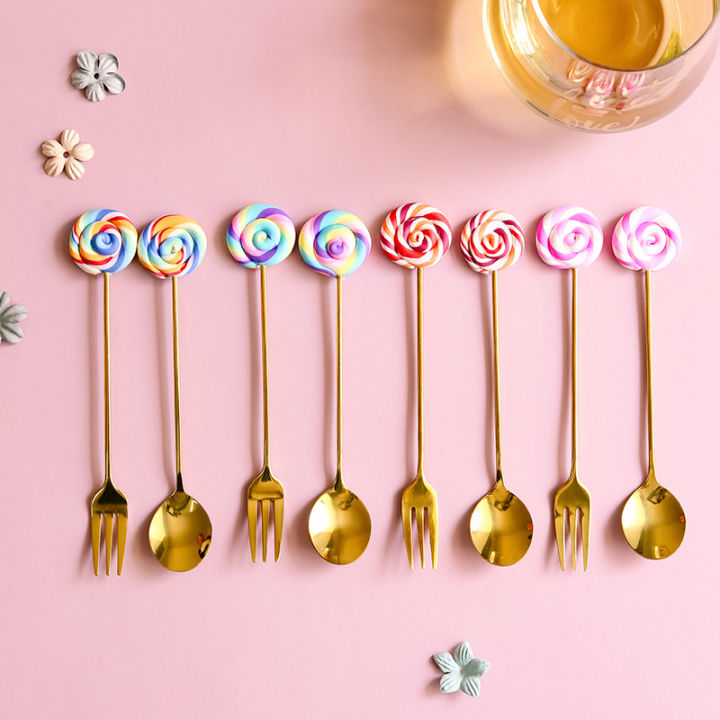 Cute Fun Lollipop Coffee Fork Spoon 304 Stainless Steel Titanium-Plated ...