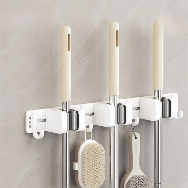 Space Saving Sliding Track Broom Holder Self Adhesive Wall Mounted Mop ...