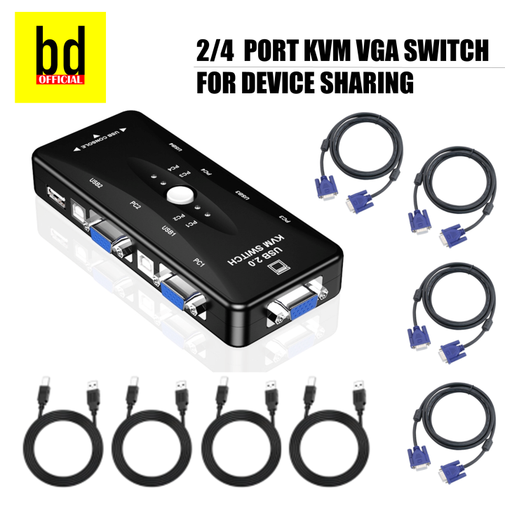 VGA KVM Switch 2 / 4 Ports with 3 USB Hubs Two Computers Share 1 Set of ...