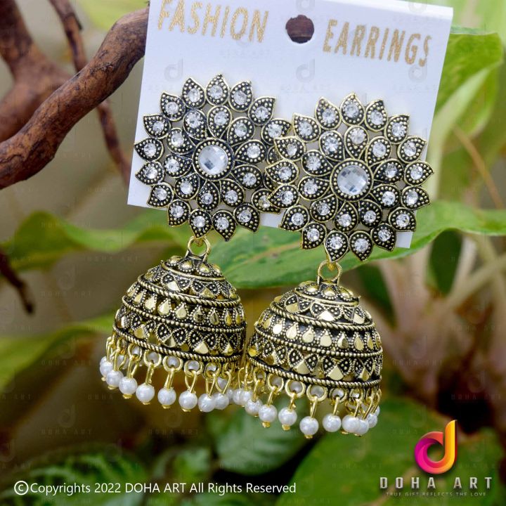 Dull gold Jimmikki Earrings With White Pearl For Women Party Wedding ...