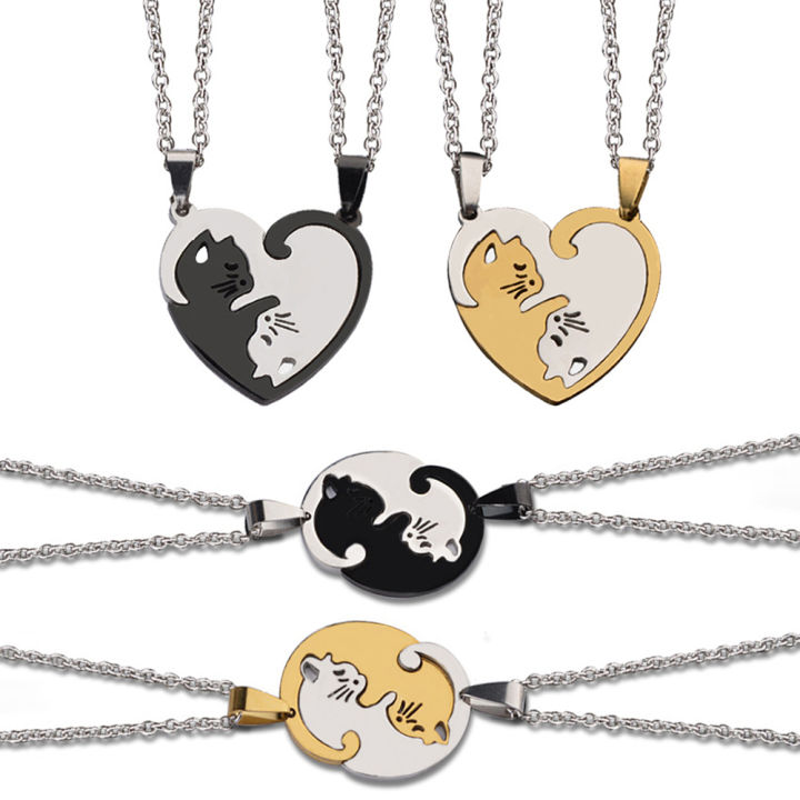 2PCS/Set Cute Love Hug Cat Stitching Pendant Necklace Creative Couple ...