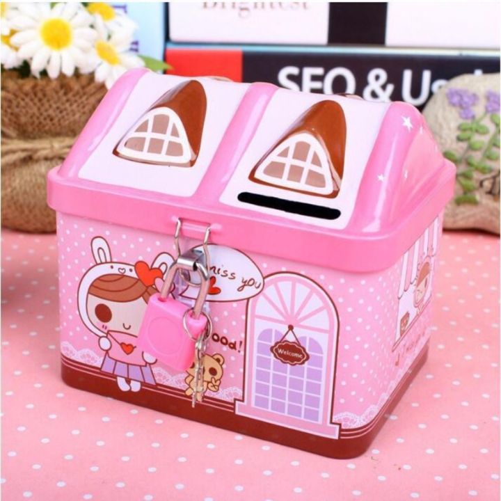 Money Box Metal House Shape Cute with Key Lock House Coin Box Creative ...