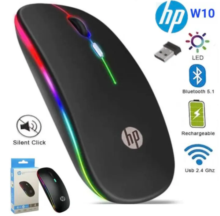 HP W10 Silent Rechargeable Mouse with Bluetooth and 2.4G Wireless ...