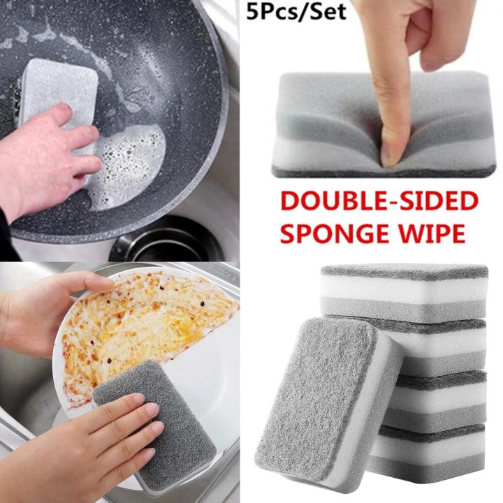 5pcs Double-Sided Sponge Scrub Pot To Wash Dishes Magic Wipe Kitchen ...