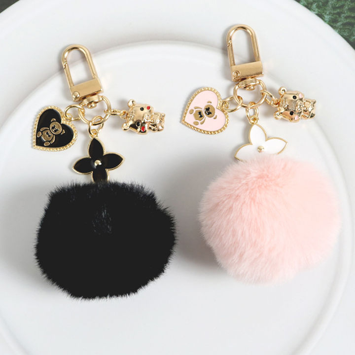 Ins New Kawaii Love Bear Pink Black Pompom Keychain Ladies Bag Pendant ...