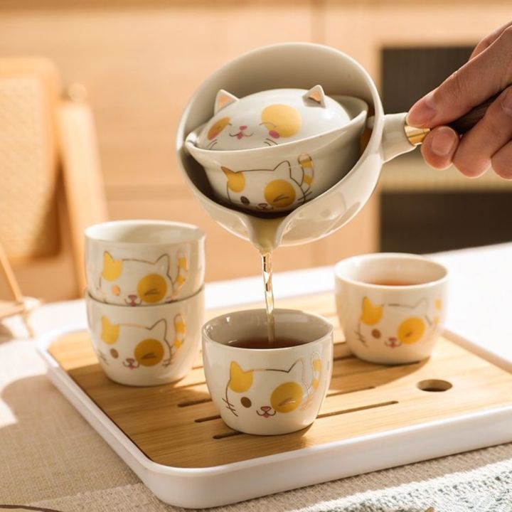 5/7pcs Teaware Sets 360° Rotating Cat Teapot Set Japanese Style Ceramic ...