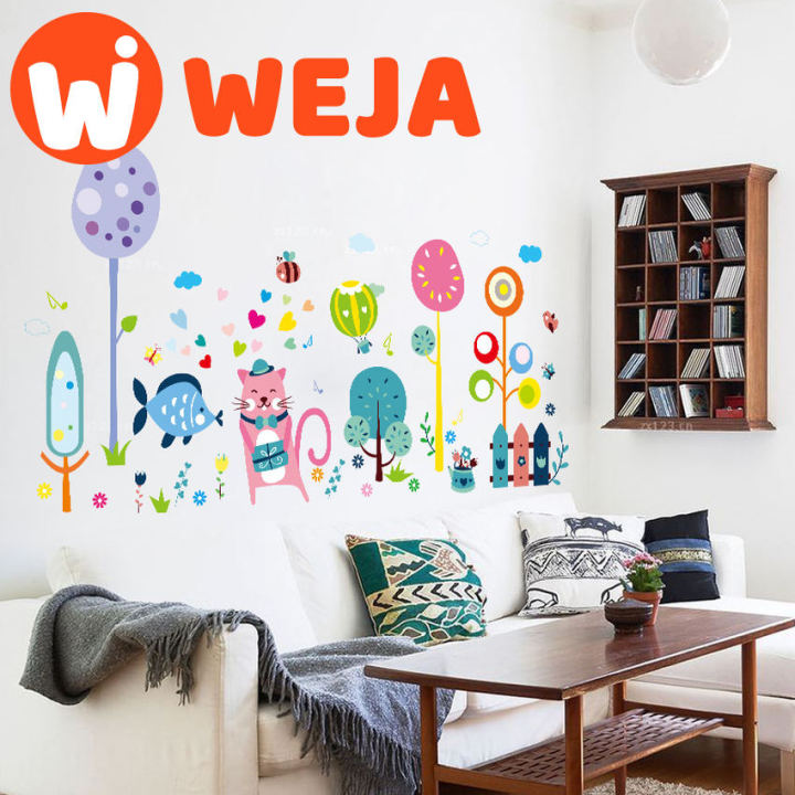 【WEJA】Cartoon Cat Fish Tree Fence Wall Border Decal Home Decor ...