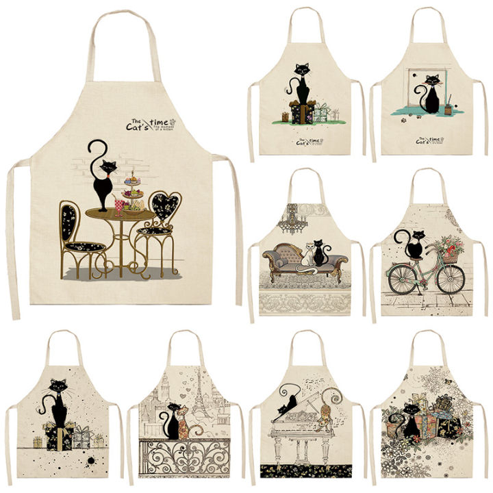 Black White Cat Letter Kitchen Aprons For Women Cotton Linen Bibs ...