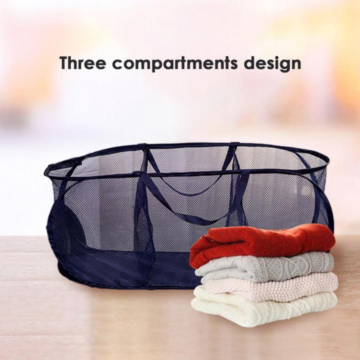 Laundry Basket Fine Mesh Clothes Basket 3 Grid With Handle Folding Type ...