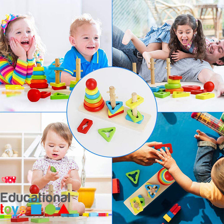 Wooden Rainbow Column Tower Stacking Rings Toy Classic Stacker Wooden ...