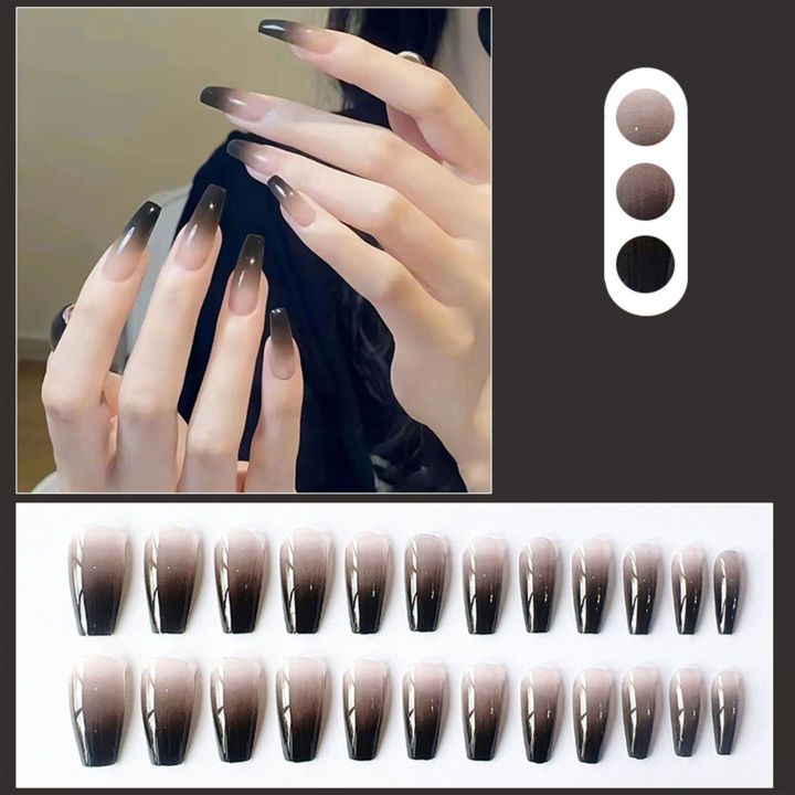 N155 Long Black Gradient Fake Nails for Women - Almond Shape Glue-On ...