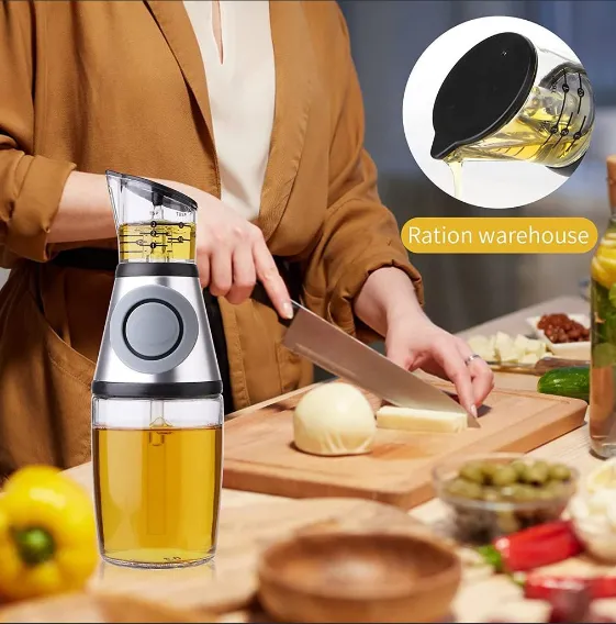 Press & Measure Glass Oil Dispenser Bottle 500ml, No-Drip Spout Olive ...
