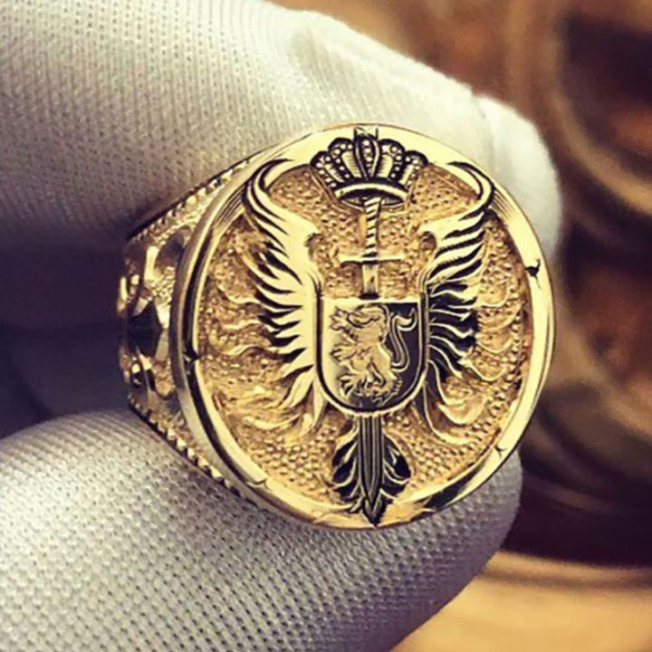 【New arrival】Wish Classic 18K Gold England Lion Ring Men Carved Angel ...
