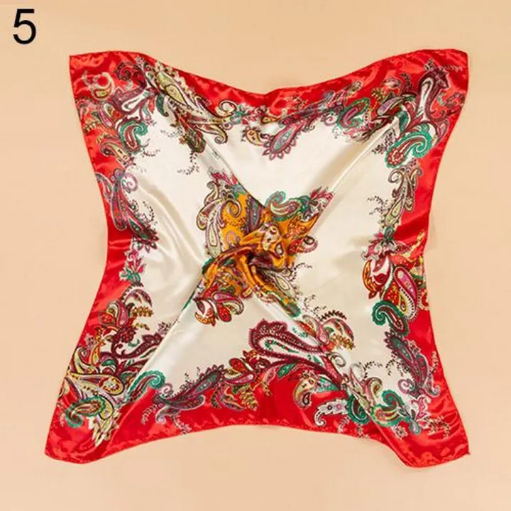 【Happy childhood memories】Women Flower Square Imitated Silk Head Neck ...