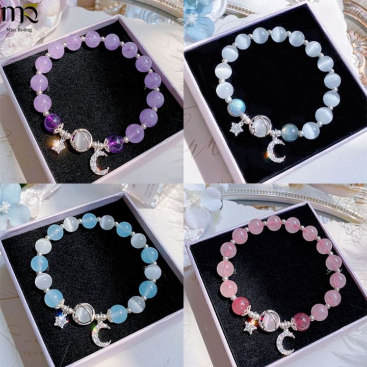 Gift Opal Stone Bracelet Crystal Diamond Blue Bead Elastic Rope Bangle ...