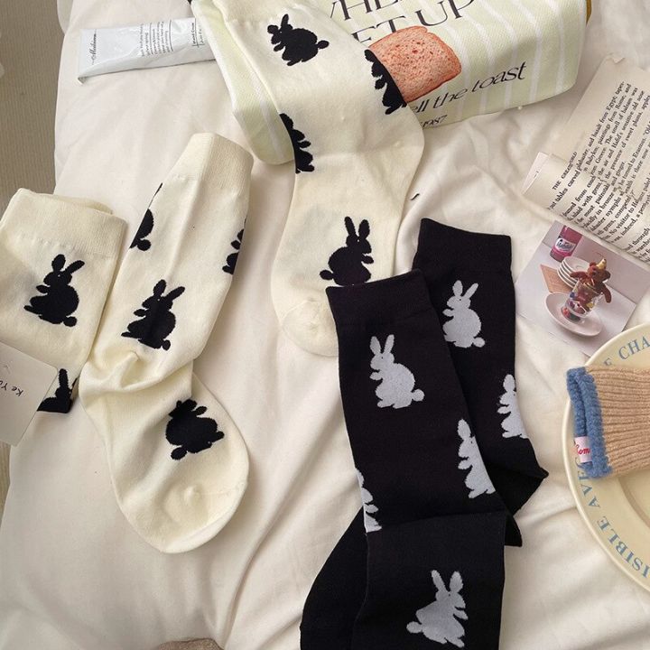 Black White Rabbit Women's Socks Cute Cartoon Kawaii Soft Cotton Socks ...
