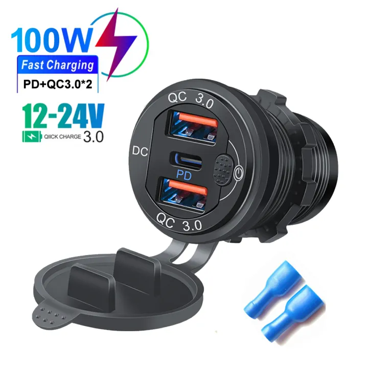 Aluminum PD Type C Car Charger Socket QC3.0 Dual Ports 100W USB C 12V ...