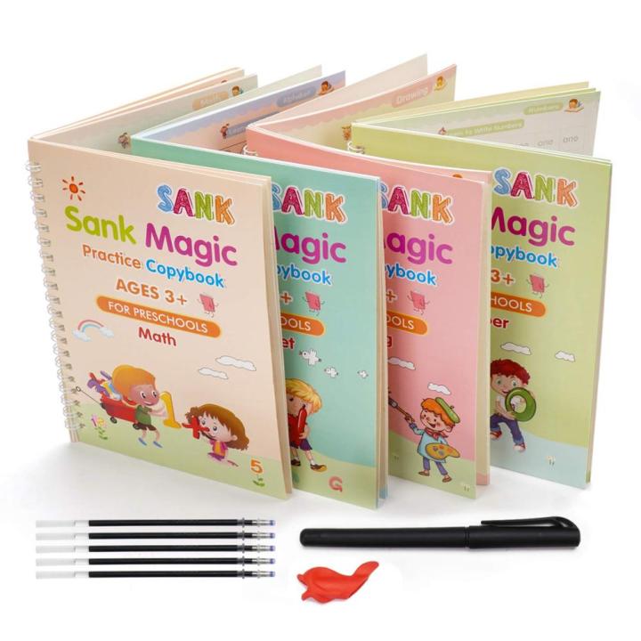 4 Books + Pen Magic Copy Book Free Wiping Children's kids Writing ...