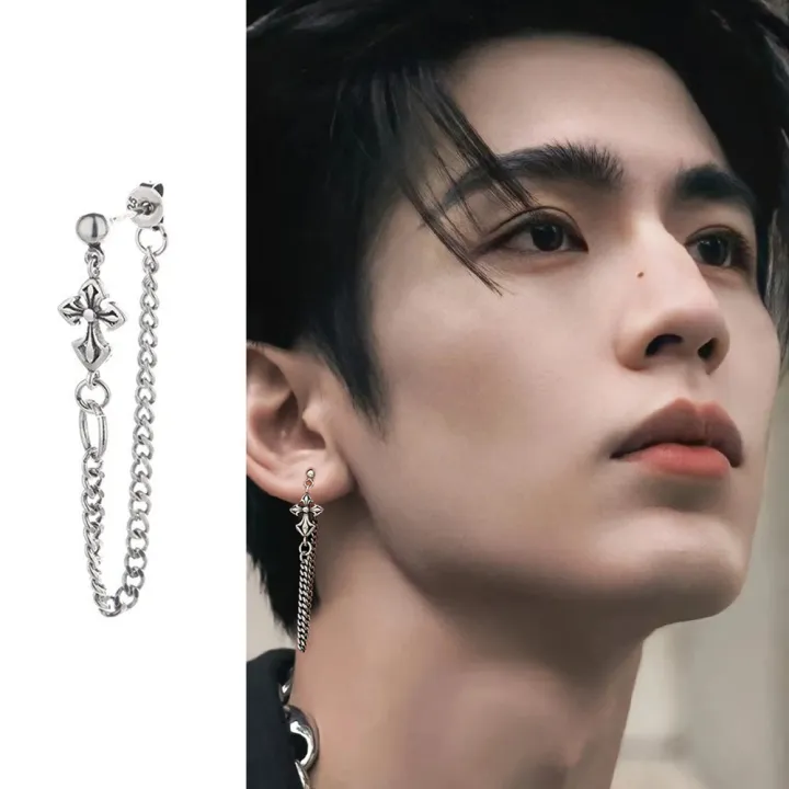 【Hottest Trends】Men's Earrings Long Cross Chain Earrings Simple Retro ...