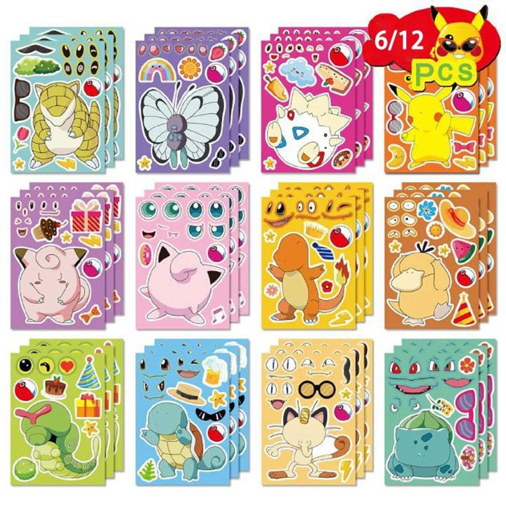 6/12Sheets Pokemon Children Puzzle Anime Stickers Make-a-Face Assemble ...
