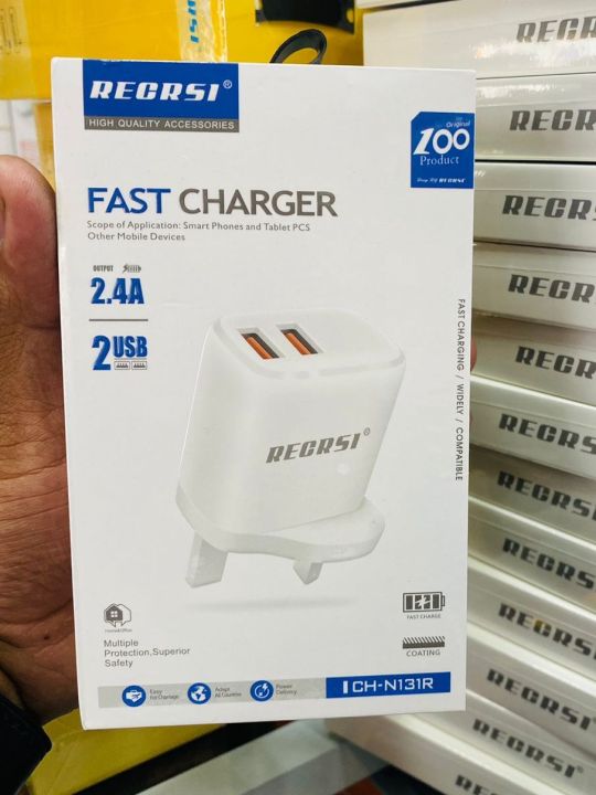 RECRSI 2.4A 2X Dual USB 3 Pin Charger With type C Fast Charger 1m Cable ...