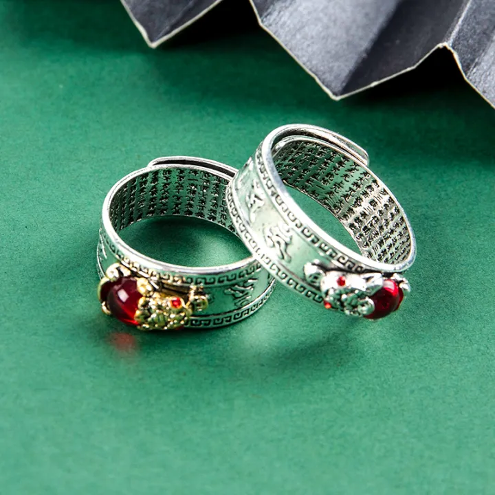 1PCS Chinese Feng Shui Pixiu Ring Vintage Silver Plated Heart Sutra ...