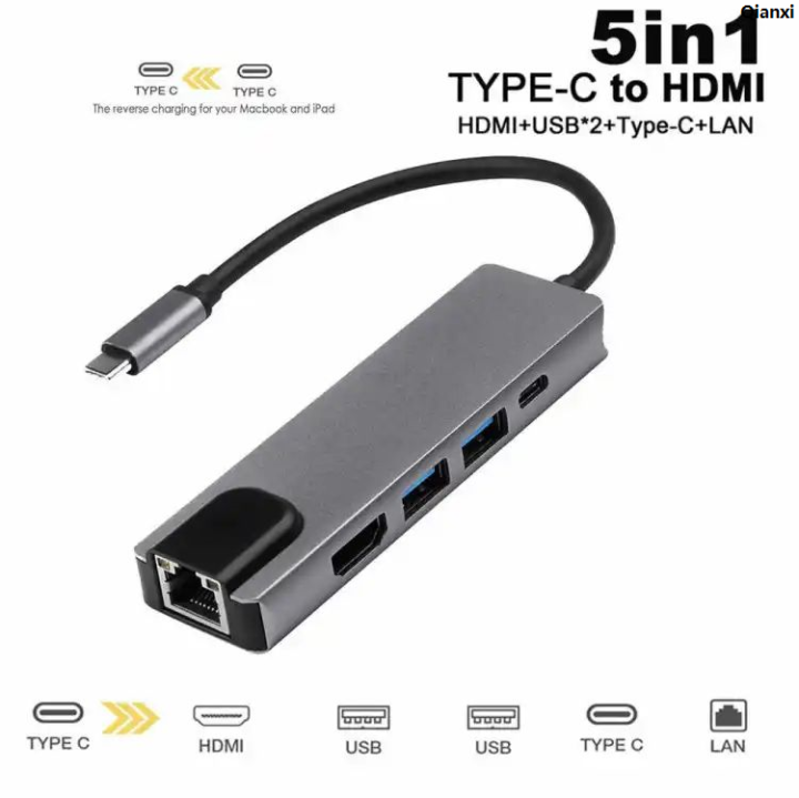 Qianxi2025 5in 1 Type C multi port combo hub USB C TO HDMI 4K, Gigabit ...