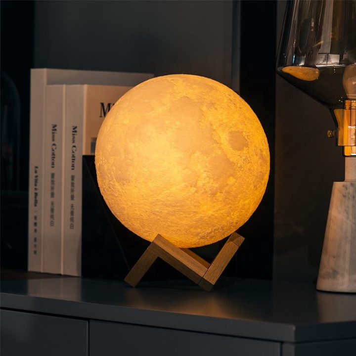 3D Printed Moon Lamp with Wooden Stand - Rechargeable LED Night Light ...