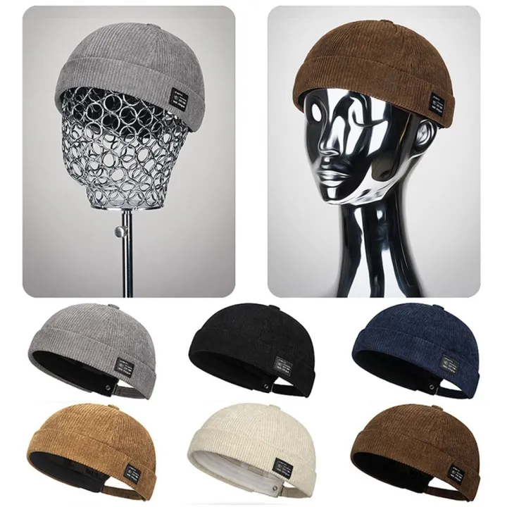 Multipurpose Solid Color Vintage Docker Cap Corduroy Round Brimless Hat ...