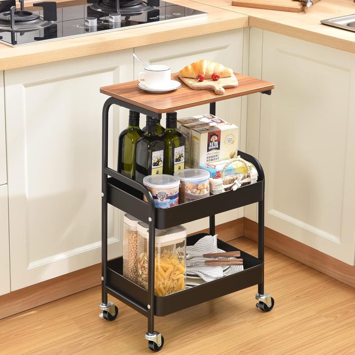 3-Tier Kitchen Rolling Table Cart with Wooden Board Wheels Serving ...