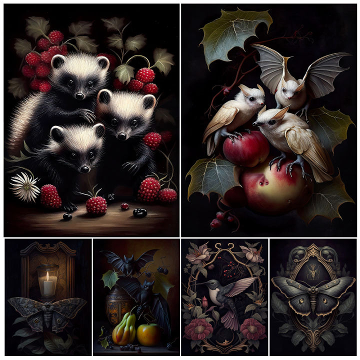 Fruit Bats,Hummingbird,Moth,Baby Skunks Vintage Wall Art Canvas ...