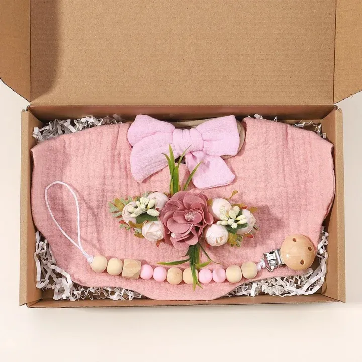 4Pcs/Set Flower Print Baby Bib Headband Elastic Nylon Hair Band Food ...