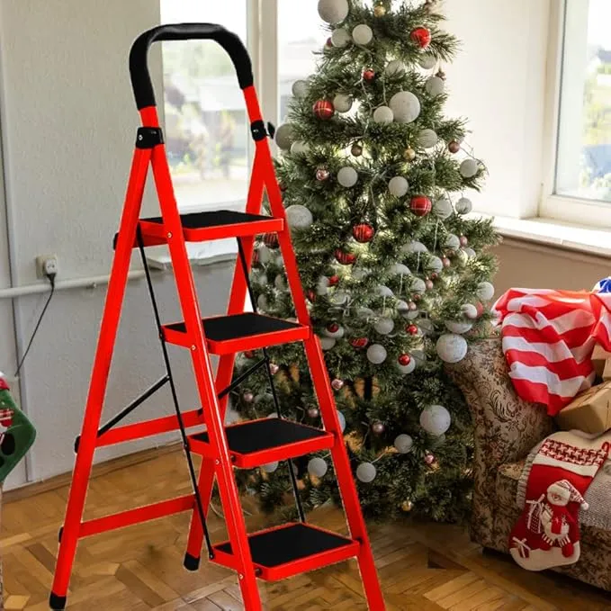 4 Step Ladder, Folding Step Stool with Wide Anti-Slip Pedal,Red ...