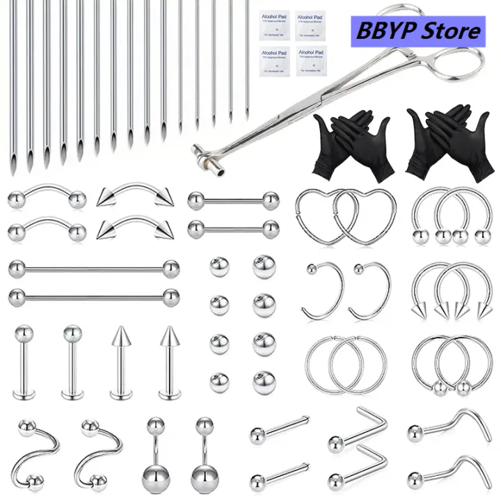 BBYP 60PCS Body Piercing Tool Kit 14G Disposable Professional Body Self ...