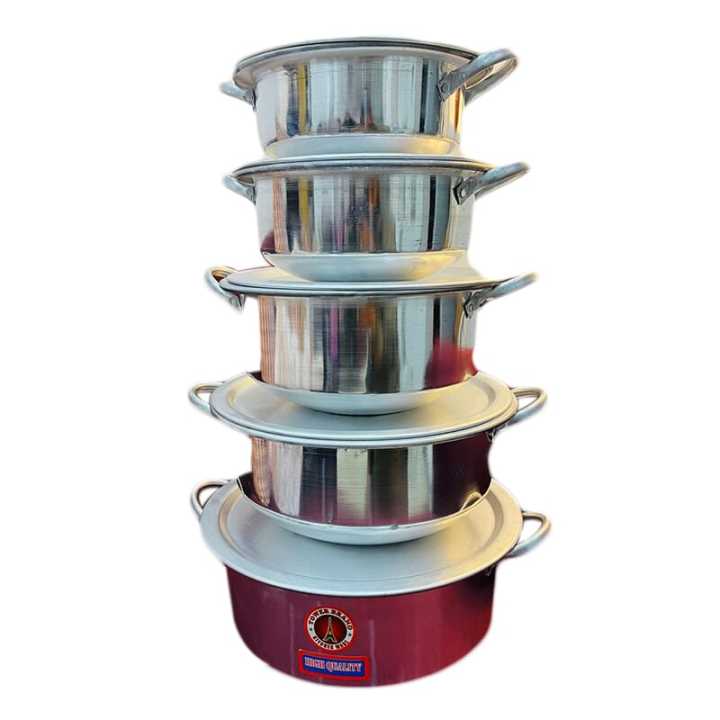 Aluminium Cooking Pots & Pan 5 Pcs Set Side Polish & Dot Pot Design ...