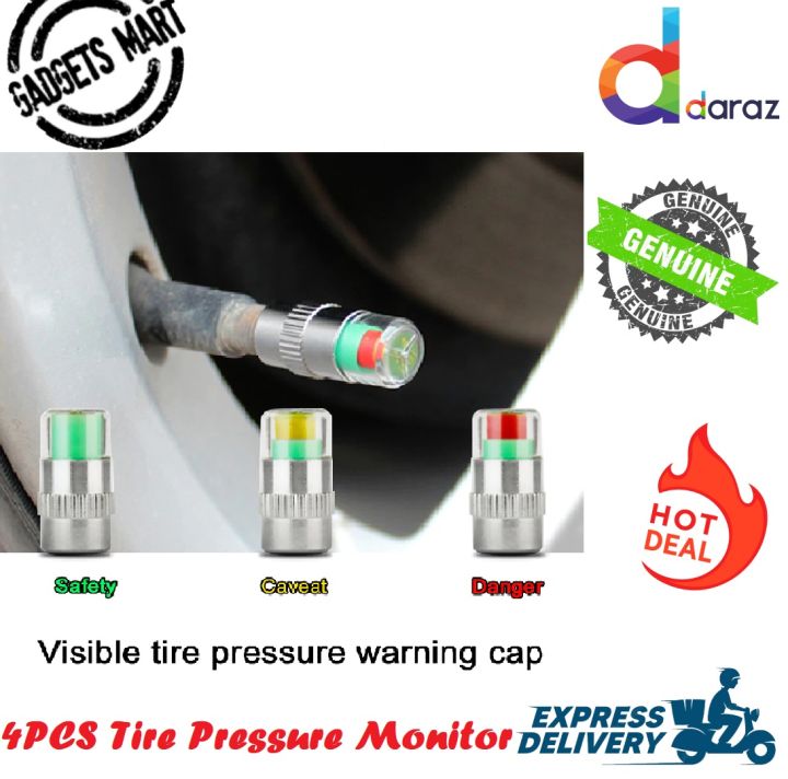 4Pcs Tire Tyre Pressure Monitor Valve Caps Warning Safety 3 Colors ...