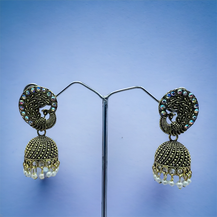 Gold color earing South Indian Round Pearl Moti Big Feather Peacock ...