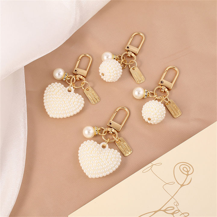 Elegant Pearl Heart Keychain Cute Round Ball Keyring Handbag Pendant ...