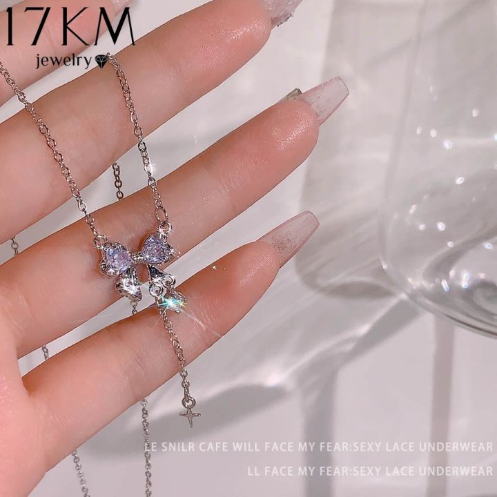17KM Bow Pendant Elegant Crystal Tassel Silver Necklace | Daraz.lk