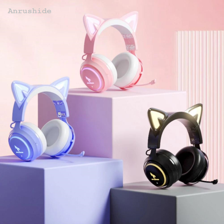 GS510 Pink Cat Ear Headphones with RGB LED Light Flexible Mic Gaming ...