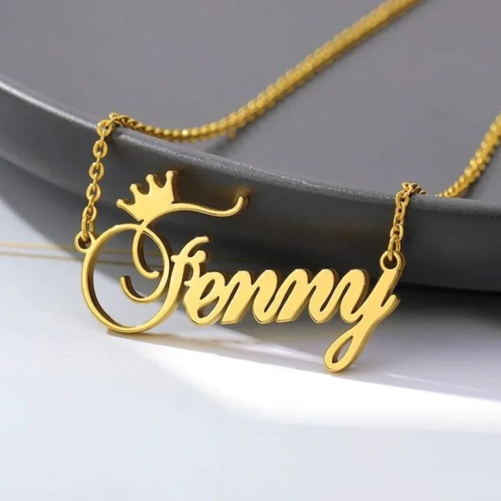Custom Name Necklace for Women Personalised Crown Cursive Font Gold ...