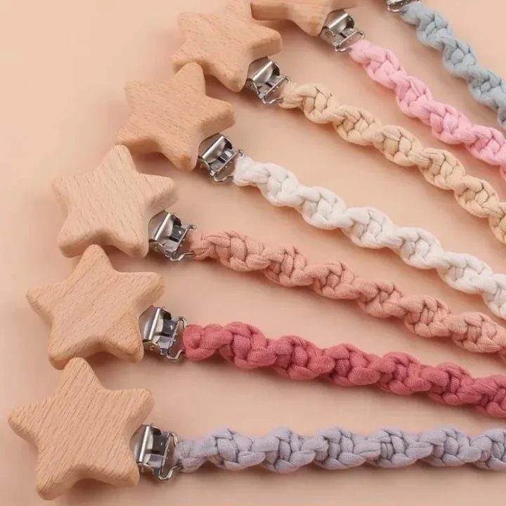 Hand Braided Cotton Cloth Pacifier Chains Leashes Handmade Wooden Dummy ...