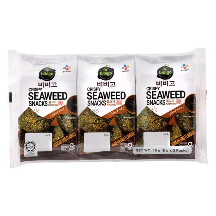 BIBIGO CRISPY SEAWEED SNACK BBQ FLAVOR ( 5gm X 3 ) . KOREAN SEAWEED ...
