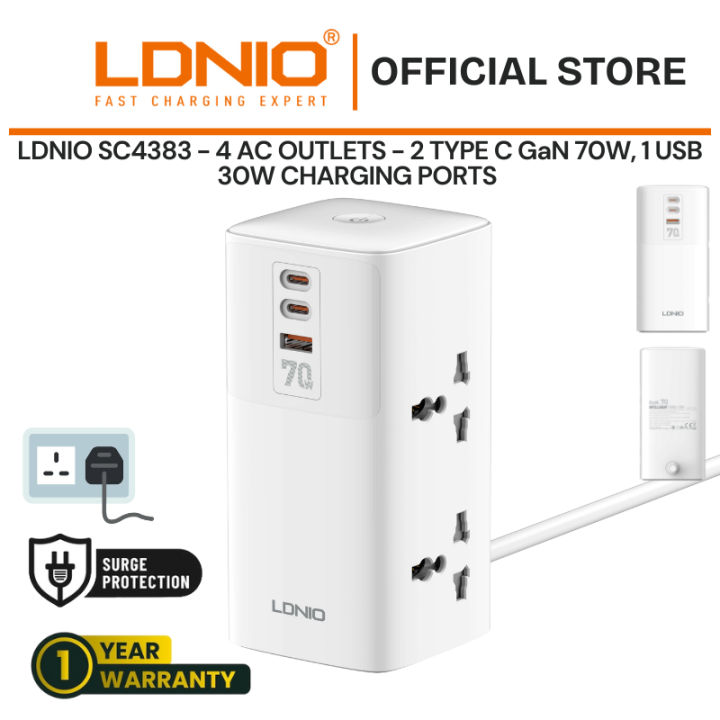 LDNIO SC4383 Tower Power Strip with 4 Universal Outlets and 2 USB-C + 1 ...