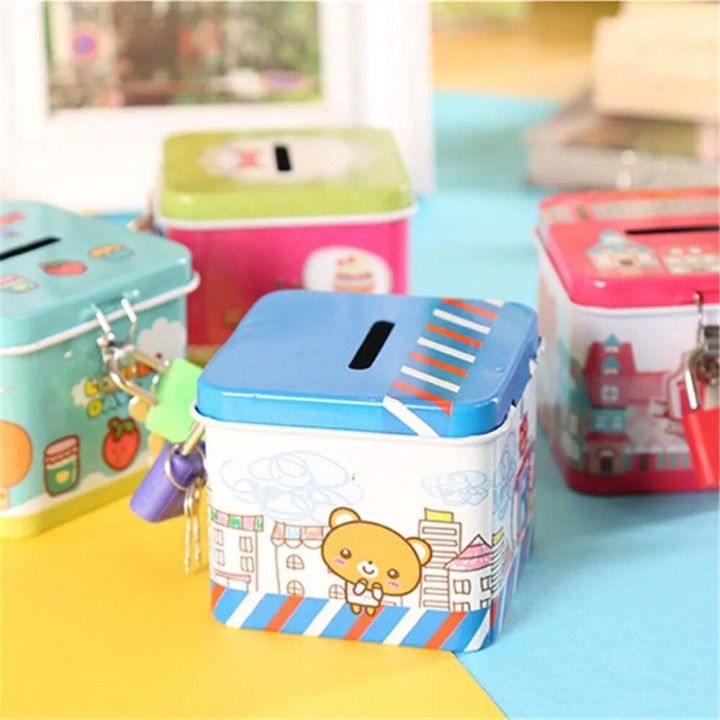 Random Color Cute Cartoon With Lock Tinplate Square Change Jar Cartoon ...
