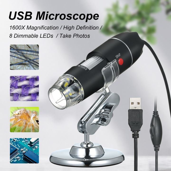 USB Digital Microscope 1600X Magnification Camera 8 LEDs with Stand ...