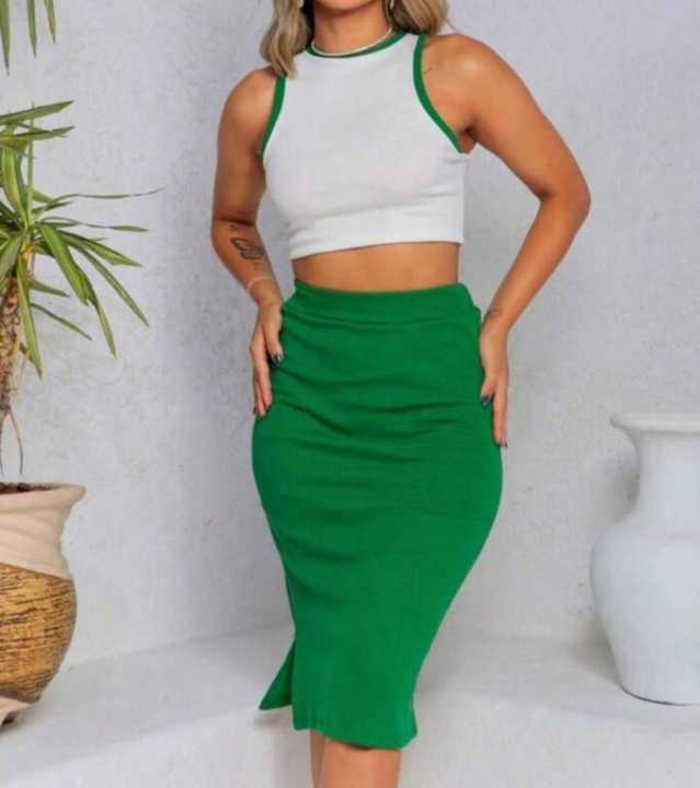 Shallow Collar Crop Top and Side Open Half Skirt / Green and White Mix ...