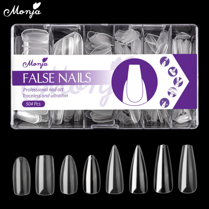 Monja 504 Pcs/Box Acrylic False Nails Transparent Full Cover Ultrathin ...