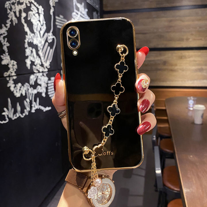 Maitus for Samsung Galaxy M02 Back Cover with Four Leaf Clover Bracelet Luxury 6D Plating Square ...